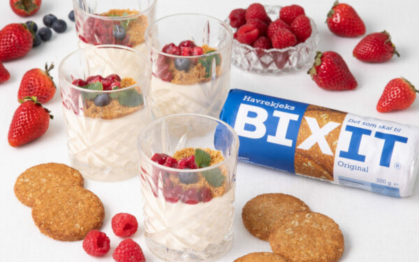 Vaniljepannacotta med Bixit-crunch og bringebærcoulis